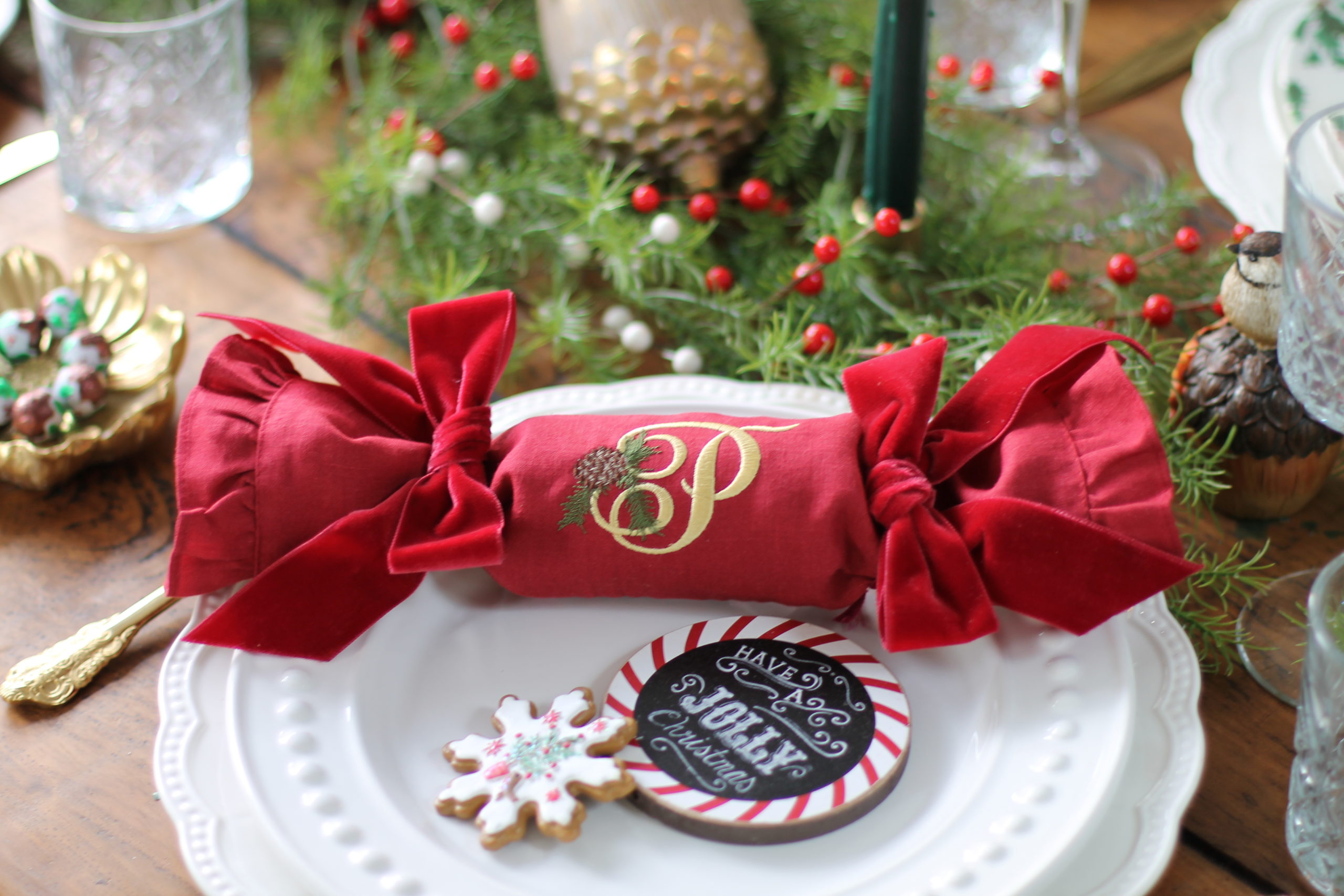 Burgundy Ruffle Christmas Cracker | The Embroidered Napkin Co