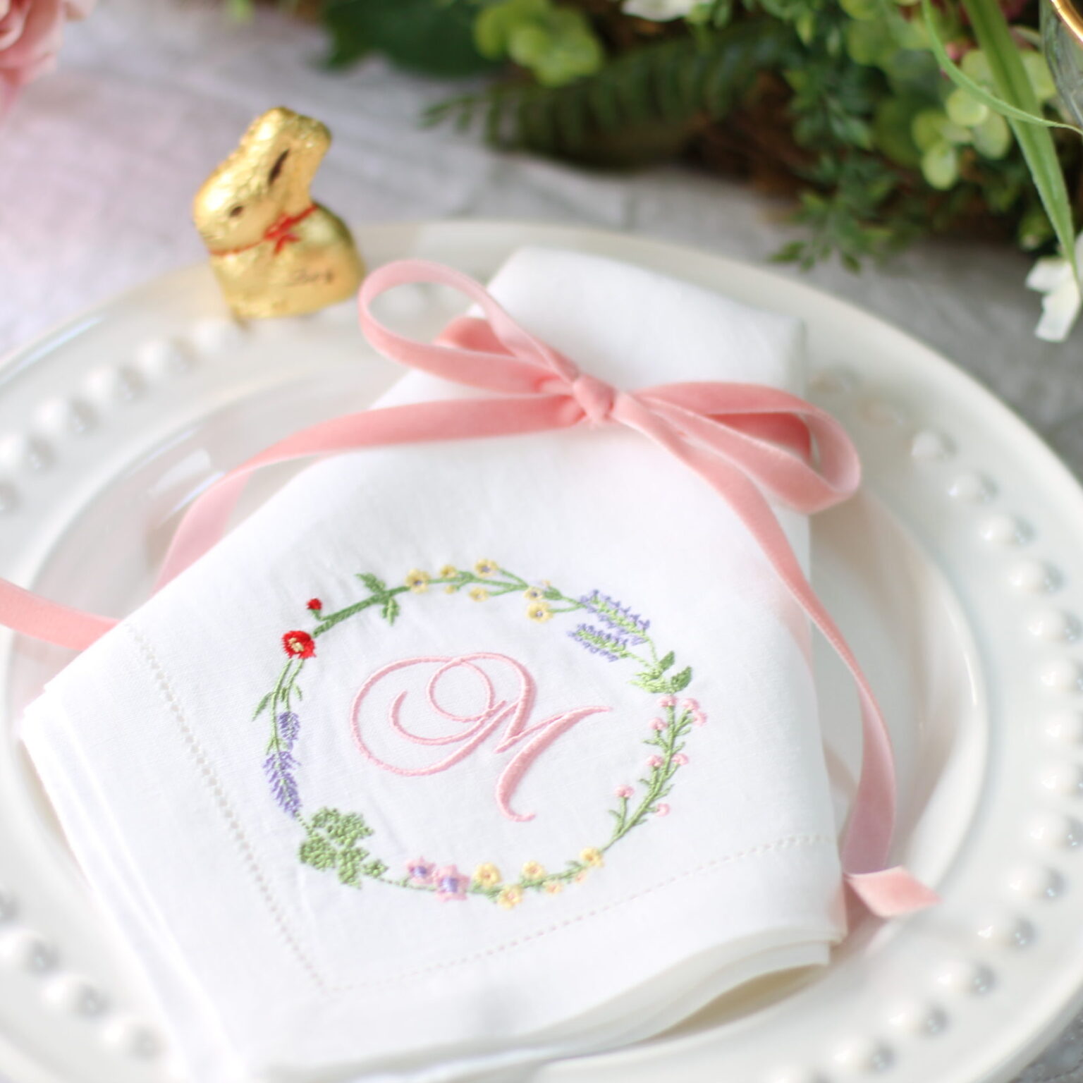 Spring Wreath Monogram Napkin | The Embroidered Napkin Co