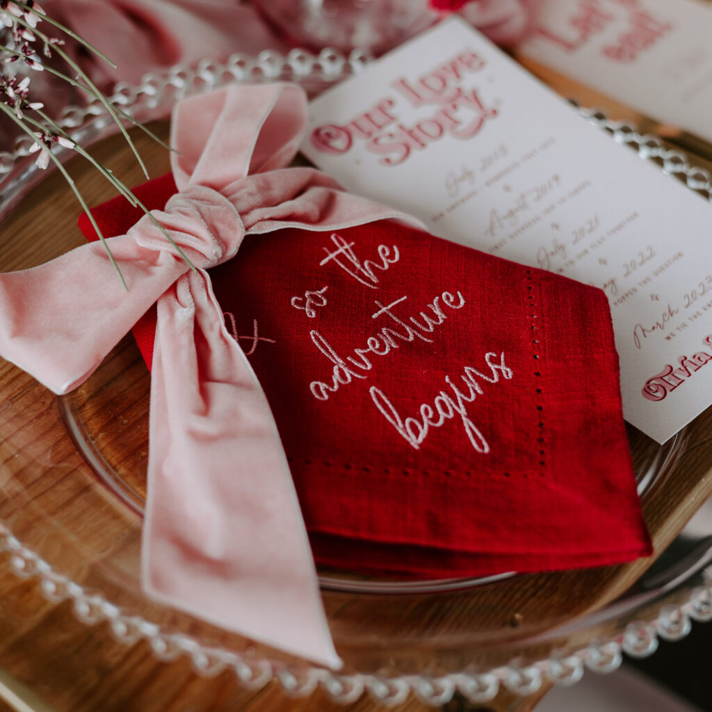 & so the adventure begins red napkins | The Embroidered Napkin Company